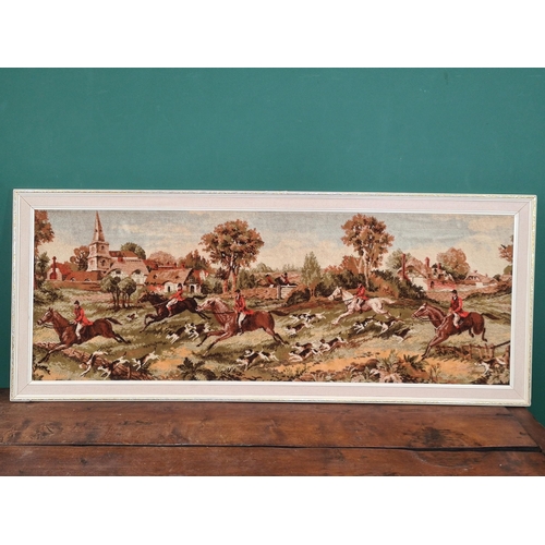 A large framed Tapestry depicting hunting scene, 2ft x 5ft 8in, (R4)