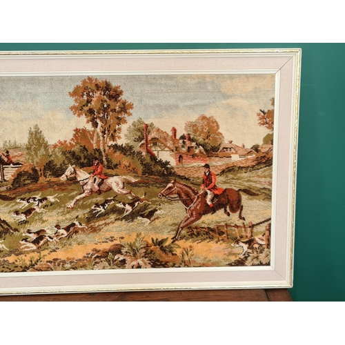 A large framed Tapestry depicting hunting scene, 2ft x 5ft 8in, (R4)