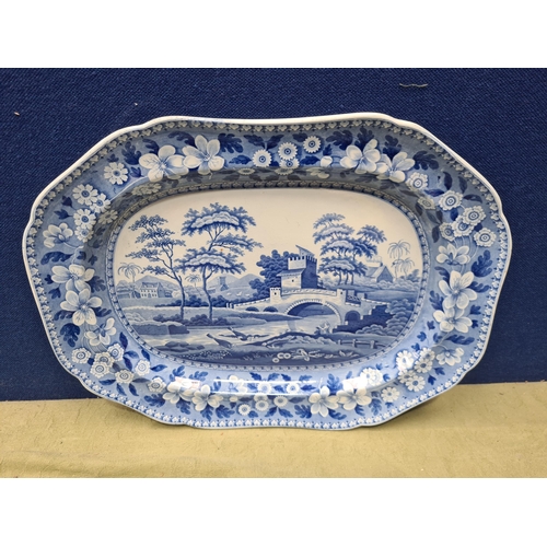 A 19th century Spode pottery Meat Plate printed river landscape with ...