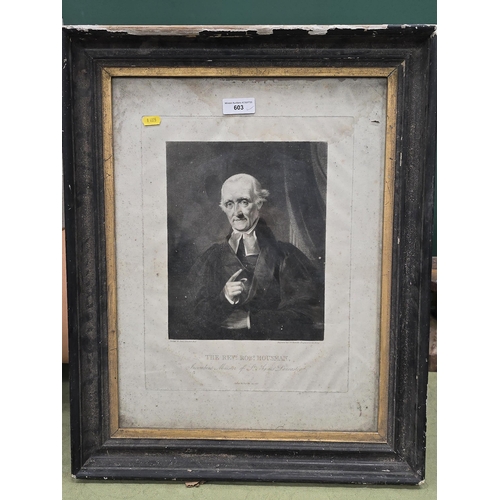 A framed monochrome engraving depicting The Reverend Robert Housman ...