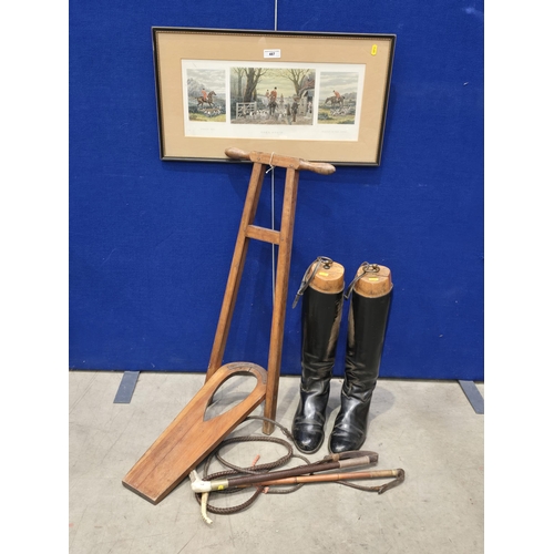 A pair of leather Riding Boots with boot trees, two Riding Crops, a ...