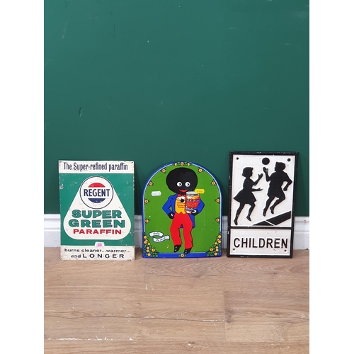 A Children playing sign, super green paraffin sign and another. (R8)