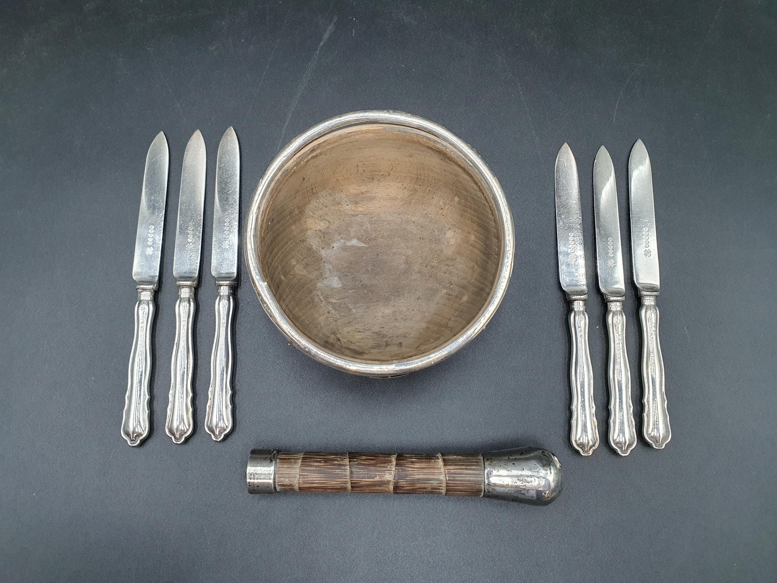 Six silver hafted Tea Knives, a silver mounted Mazer Bowl, Birmingham ...