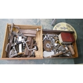 Two boxes of tools, metal parts, fittings etc