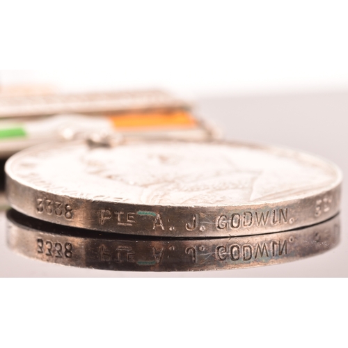 Injured in Action. A Boer War medal pair awarded to: 3338 Private. Alfred James Godwin, 5th Royal Ir