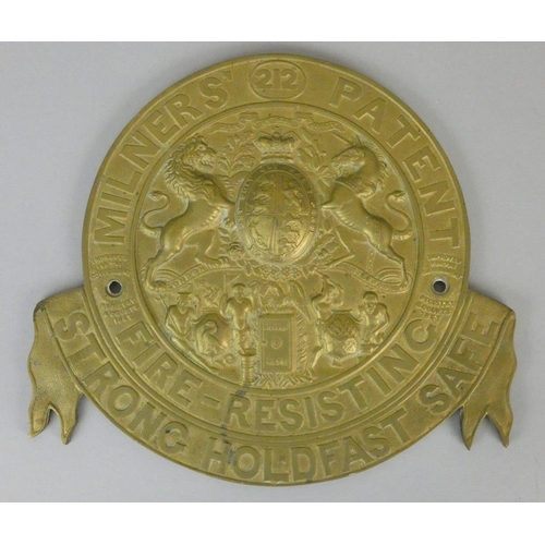 A brass safe plate 'Milners' Patent No. 212...', 25 x 23cm, together ...