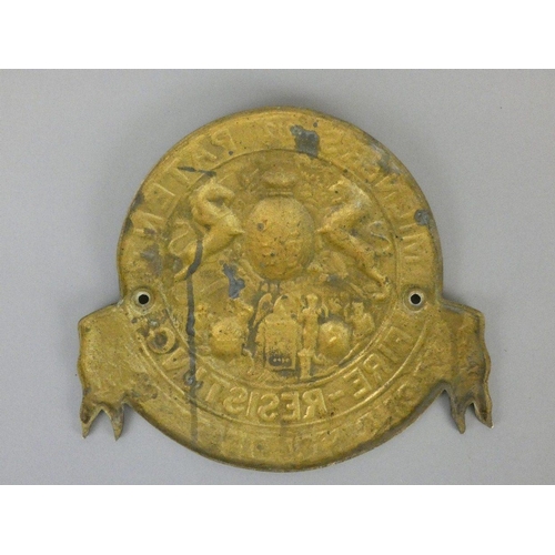 A brass safe plate 'Milners' Patent No. 212...', 25 x 23cm, together ...