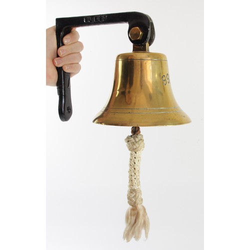 A brass ships bell with clanger and knotted grip, numbered 992, with ...