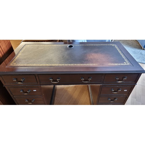 A mahogany pedestal computer desk with inset leatherette top, keyboard ...