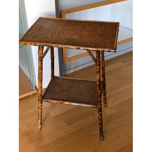 A late 19th Century tiger bamboo side table, two tier with rattan top ...
