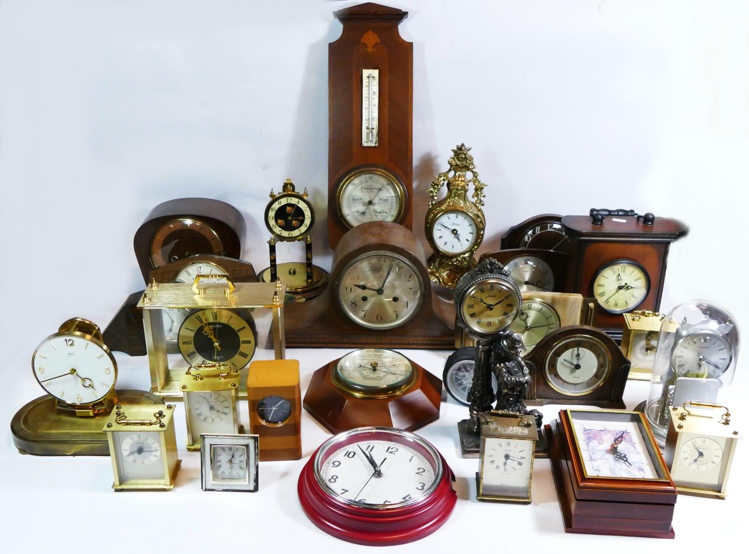 Four boxes of alarm clocks, wall clocks, mantel clocks and barometers ...