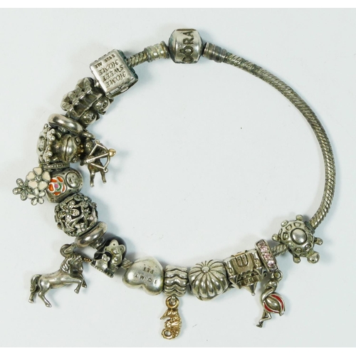 A silver Pandora bracelet with multiple charms, box, 68gm