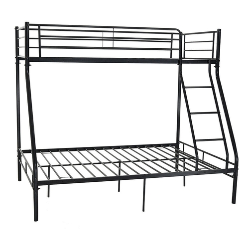 A child's metal framed bunk bed, with a single bed over a double, black ...
