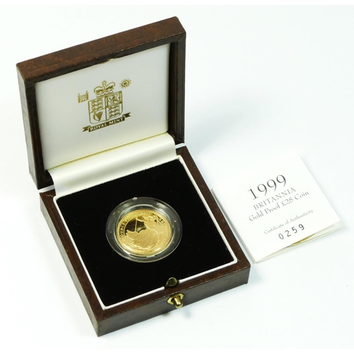 Royal Mint 1999 gold proof 1/4 ounce £25 Britannia coin, case with ...