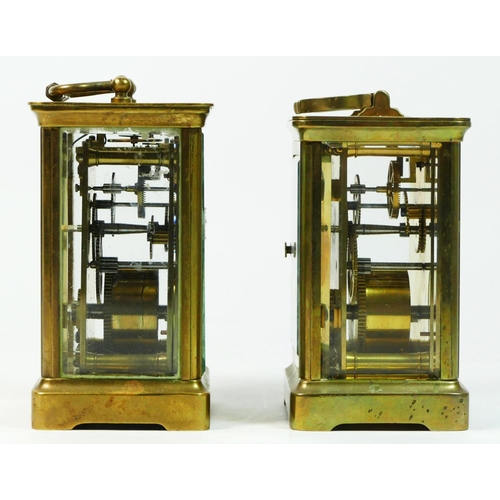 Two mid 20th century carriage clocks, having white enameled dials and ...
