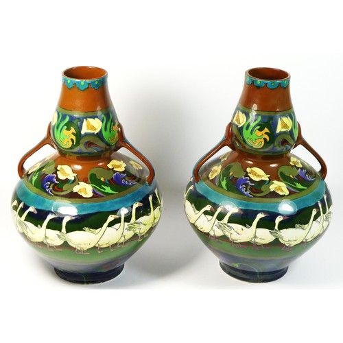 A pair of Wileman & Co. Foley Intarsio two handled double gourd vases ...