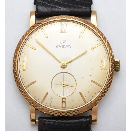 A 9ct gold gents Enicar wrist watch c1960s, having manual wind jewelled ...