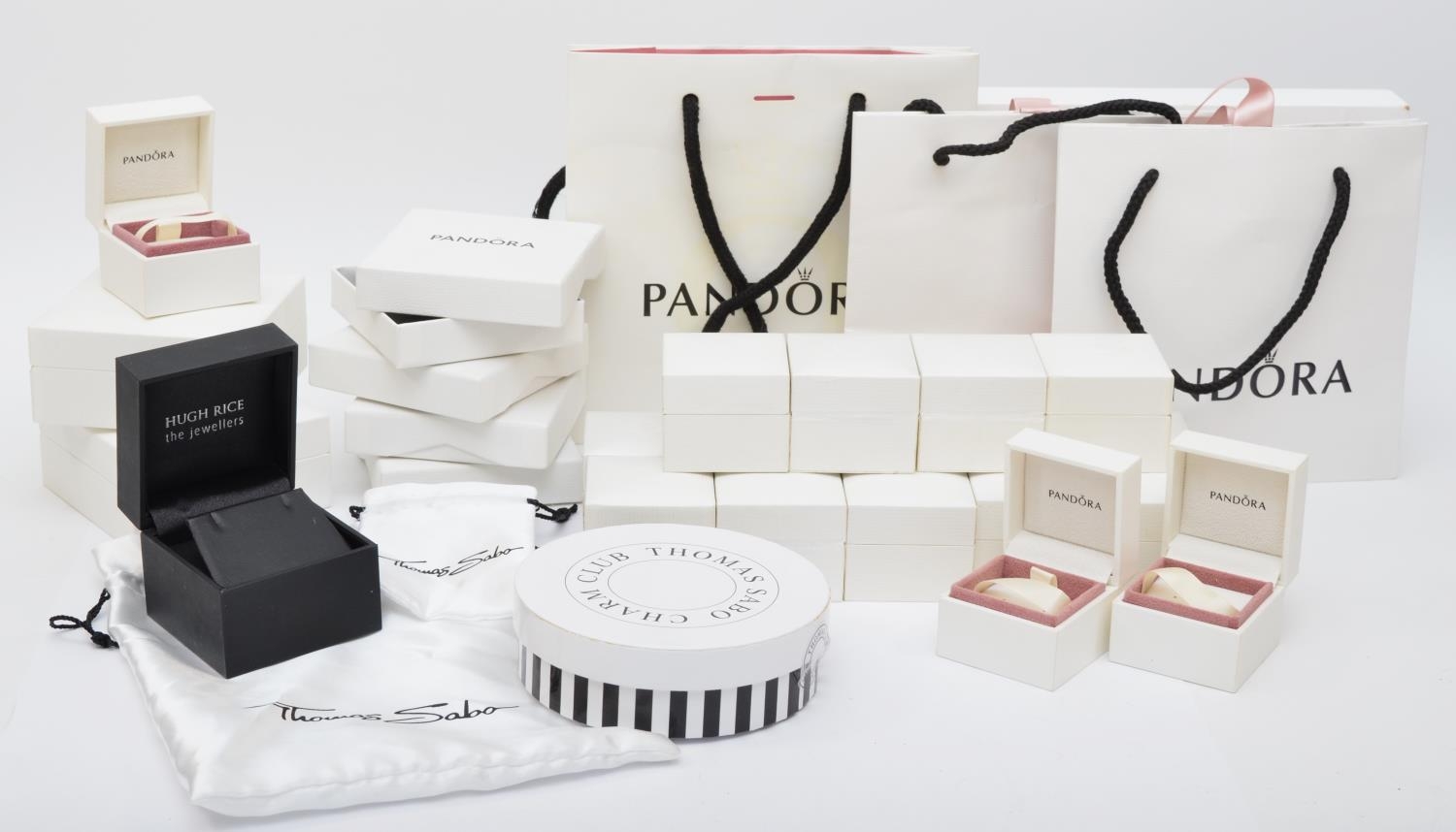Pandora; 17 charm boxes, 2 bracelet boxes, 1 flat box, 3 bags, and a ...