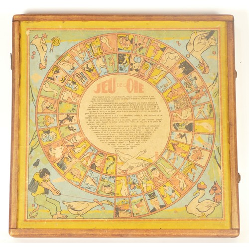 A French Jeu De L'oie (Game Of The Goose) game board, hinged, opens to ...