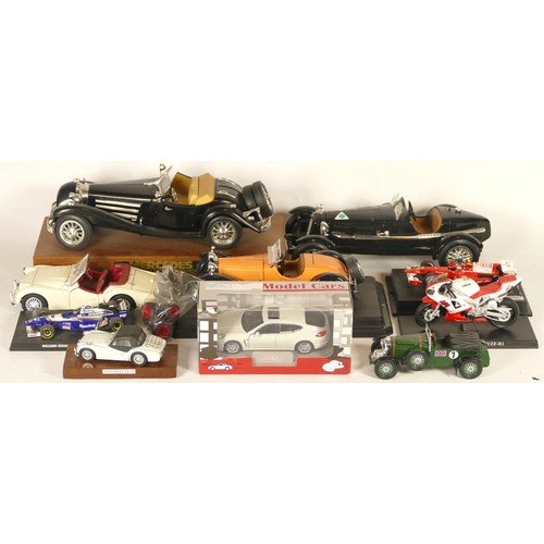 A collection of model cars and bikes, to include a Mercedes Benz 500K ...