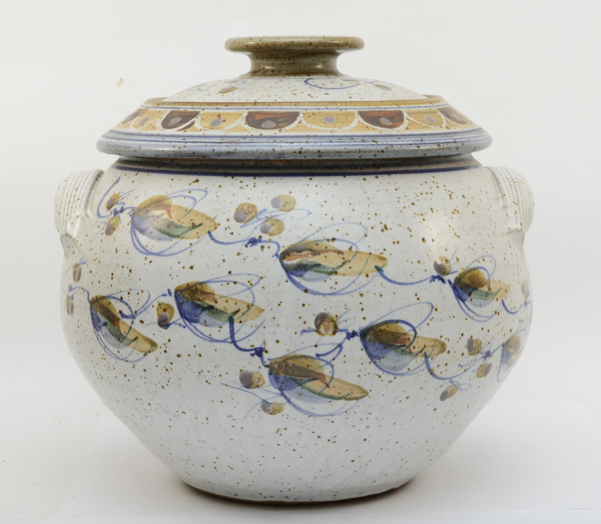 Andrew Hague Askrigg Pottery, a large twin handled lidded jar, stamped ...