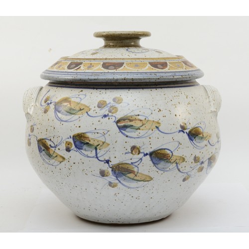 Andrew Hague Askrigg Pottery, a large twin handled lidded jar, stamped ...