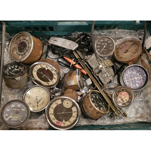 Ten assorted car speedometers and wiper assembly.