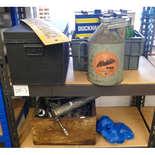 A group of vintage oil cans to include Castrol, grease guns and three ...