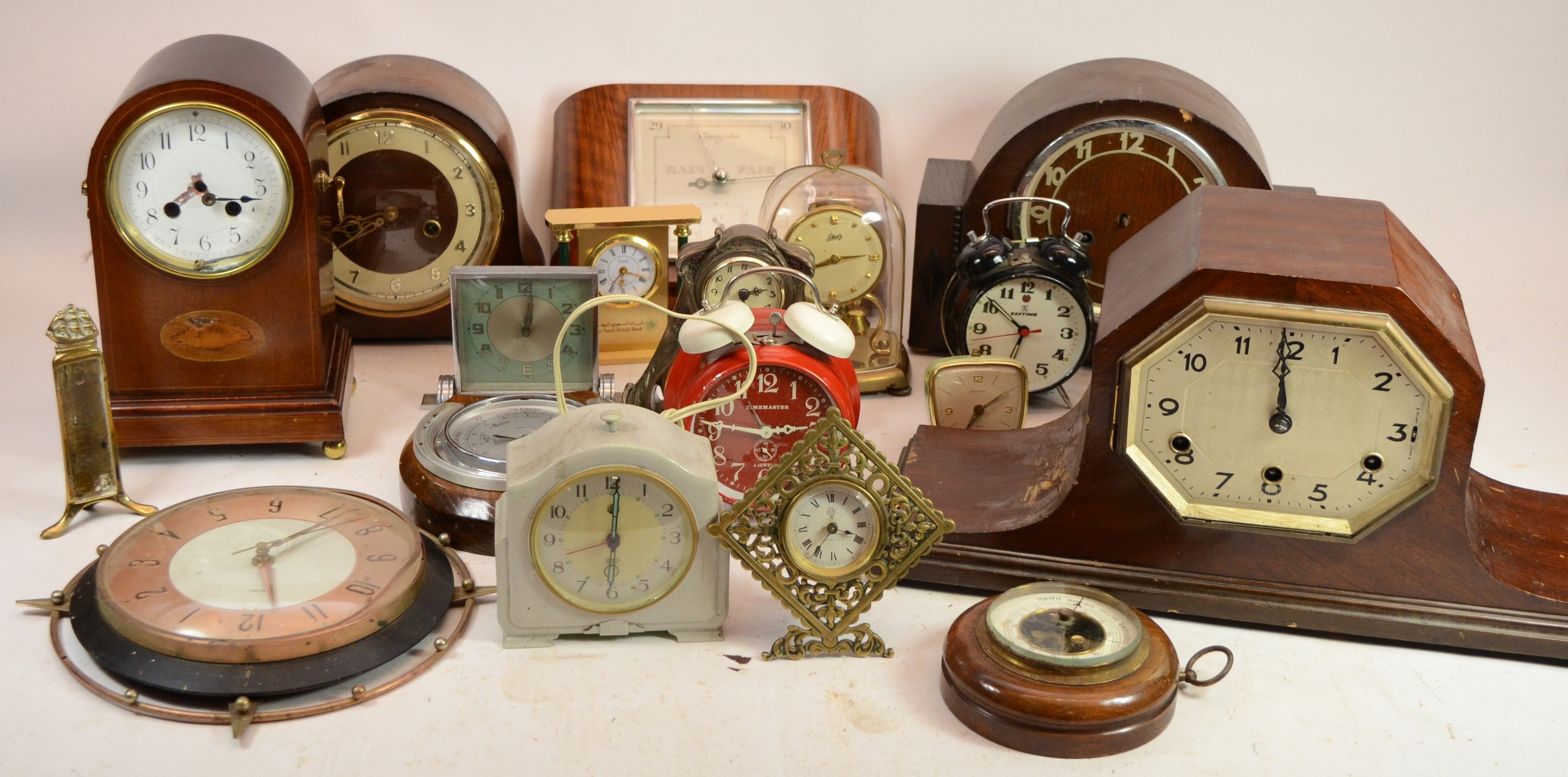 Three boxes of 20th century clocks to include mantle clocks, alarm ...