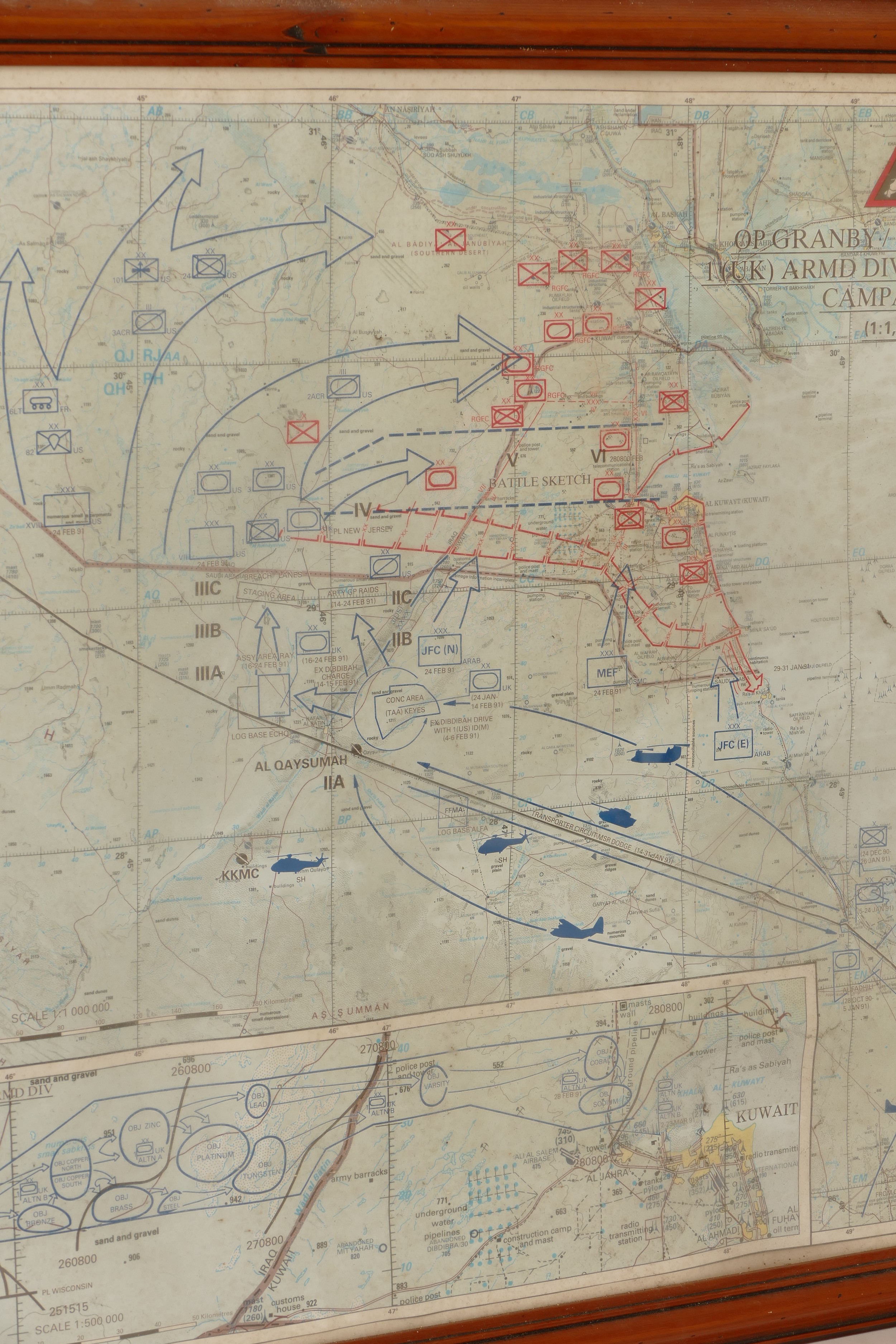 A framed militaria campaign map; OP Granby/Desert Sabre 1 (UK) ARMD DIV ...