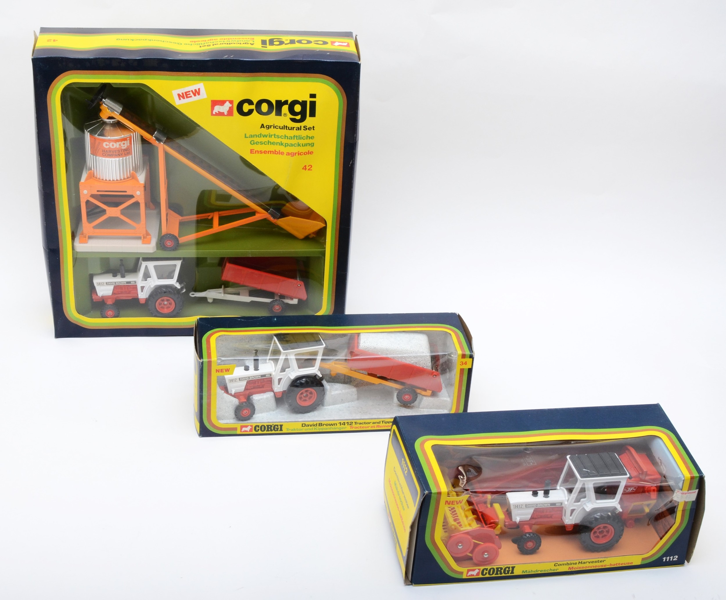 Corgi Toys; 1112 David Brown tractor with JF Combine Attachment, boxed ...