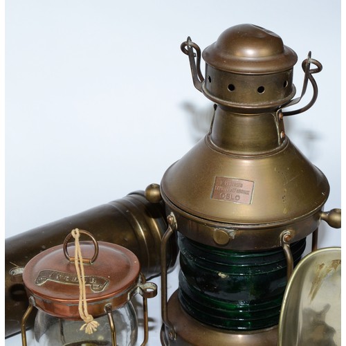 Reproduction ships lamps, together with coach lamps, a cast iron ...