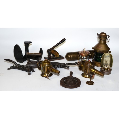 Reproduction ships lamps, together with coach lamps, a cast iron ...