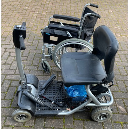 A Liteway folding mobility scooter, together with a folding wheelchair. (2)