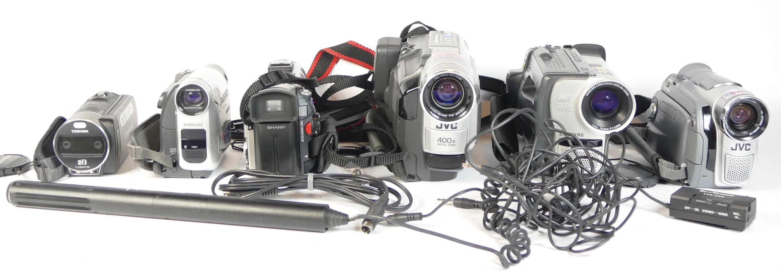 A collection of digital camcorders, comprising Sharp VL-ME10, JVC GR ...