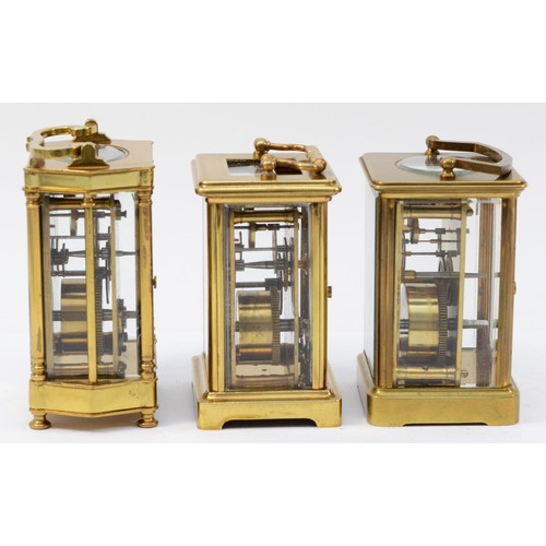 Three French 20th century brass carriage clocks, having enamelled dials ...