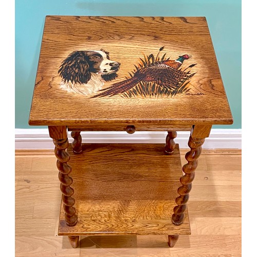 A 20th century oak side table with pokerwork decorated top, signed G ...