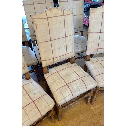 A set of six light oak high backed dining chairs, having upholstered ...