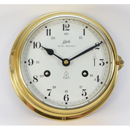 A 20th century Schatz 'Royal Mariner' brass bulkhead clock, having 8 ...
