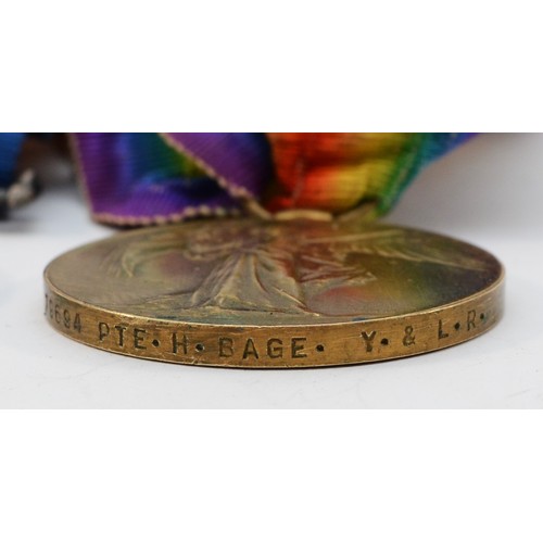 WWI Pair of War and Victory medals, awarded to 79694 PTE. H. Bage. York ...