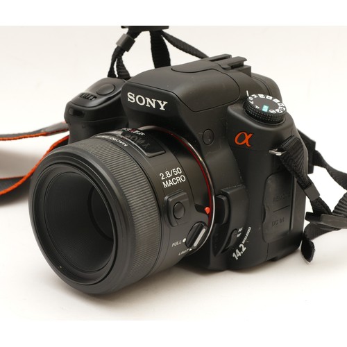 A Sony A350 DSLR camera, with a Sony f/2.8 50mm lens.