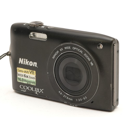A Nikon Coolpix S3000 compact digital camera, in black with case.