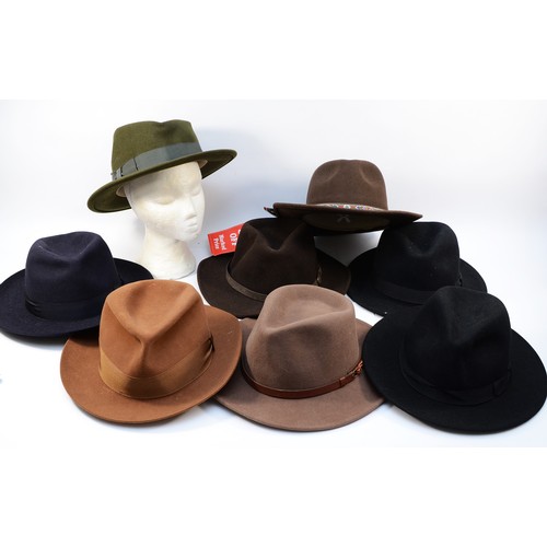 A collection of brimmed felt wool hats to include Orvis in brown, green ...