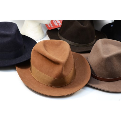 A collection of brimmed felt wool hats to include Orvis in brown, green ...