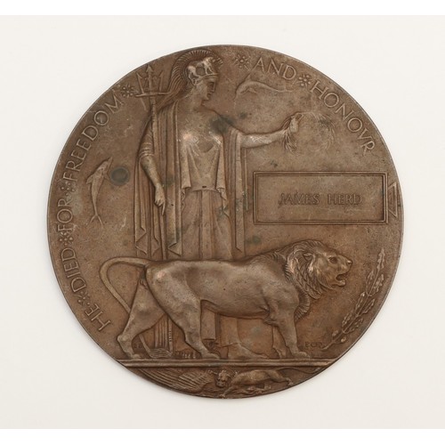 WWI Death plaque, presented to James Herd.