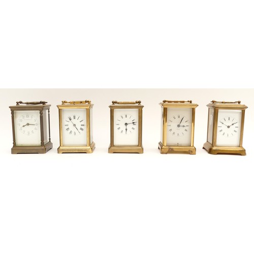 Five mid to late 20th century brass carriage clocks, housing eight day ...