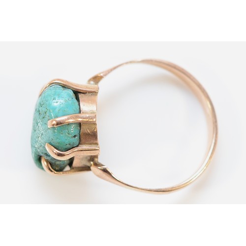 An unmarked 9ct rose gold rough cut turquoise dress ring, hallmarks ...