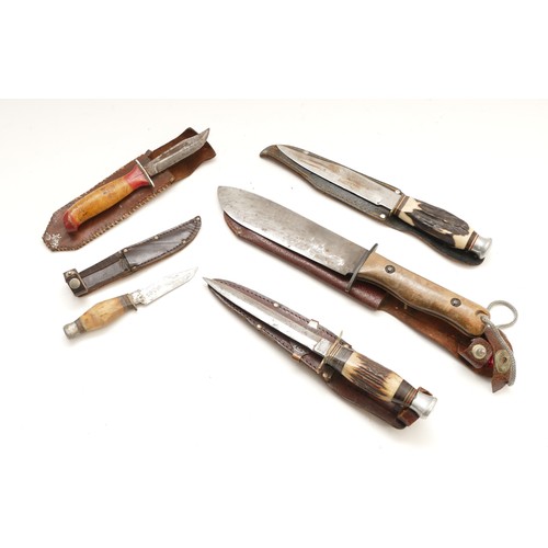 A collection of five mid 20th century sheaf knives, bone, antler and ...