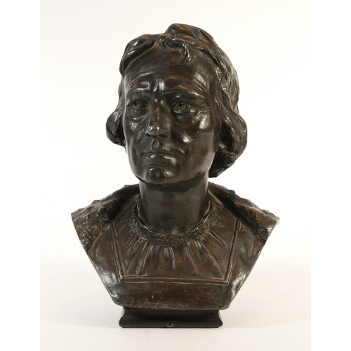 A 20th century cast metal bust of Christopher Columbus, 33cm tall.