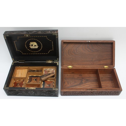 An Edwardian mahogany tea caddy, together with five mahogany and oak boxes, including a carved eboni